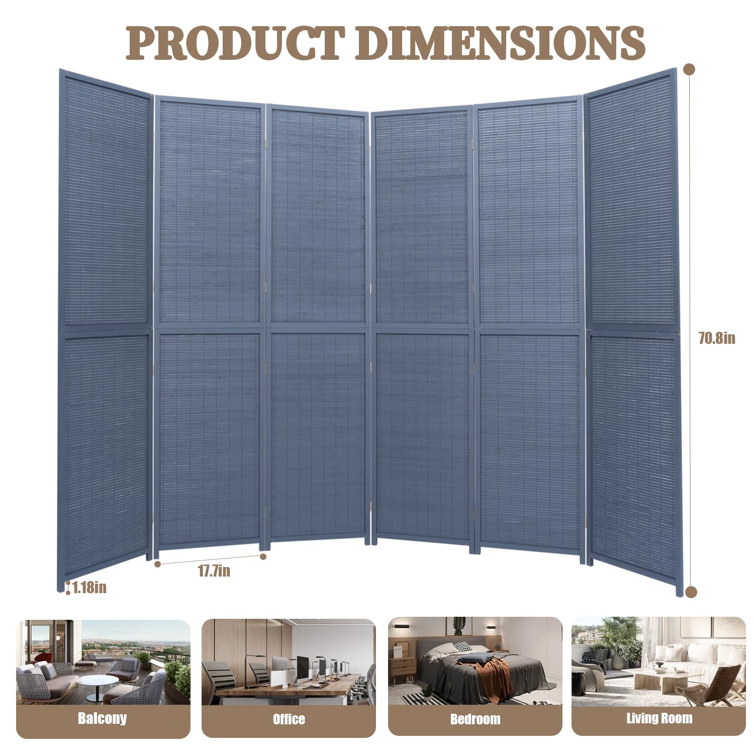 Room Divider Folding Privacy Screens, 6FT Bamboo Room Divider Wall Panel, Freestanding 2-in-1 Multifunction Partition Room Dividers for Room Separation 6 Panel Hand Made Mesh Woven Wall Divider Screen