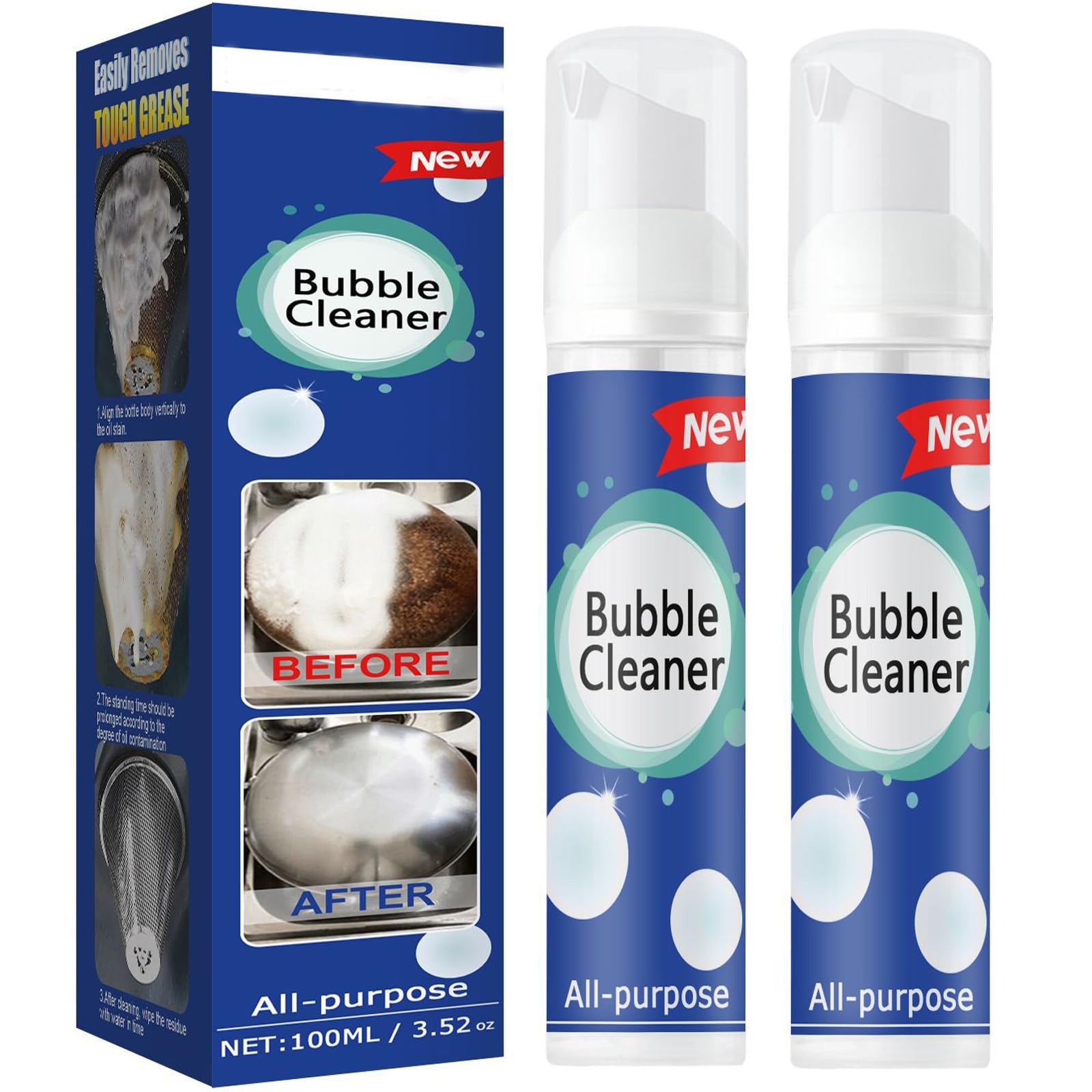 2PCS Foaming Heavy Grease Cleaner, All Purpose Foam Cleansing Foam Spray, Kitchen Power Stain Remover Foam Cleaner, Stubborn Grease Stain Remover Spray, Solid Grease & Stain Remover No Rinse Cleaning Spray