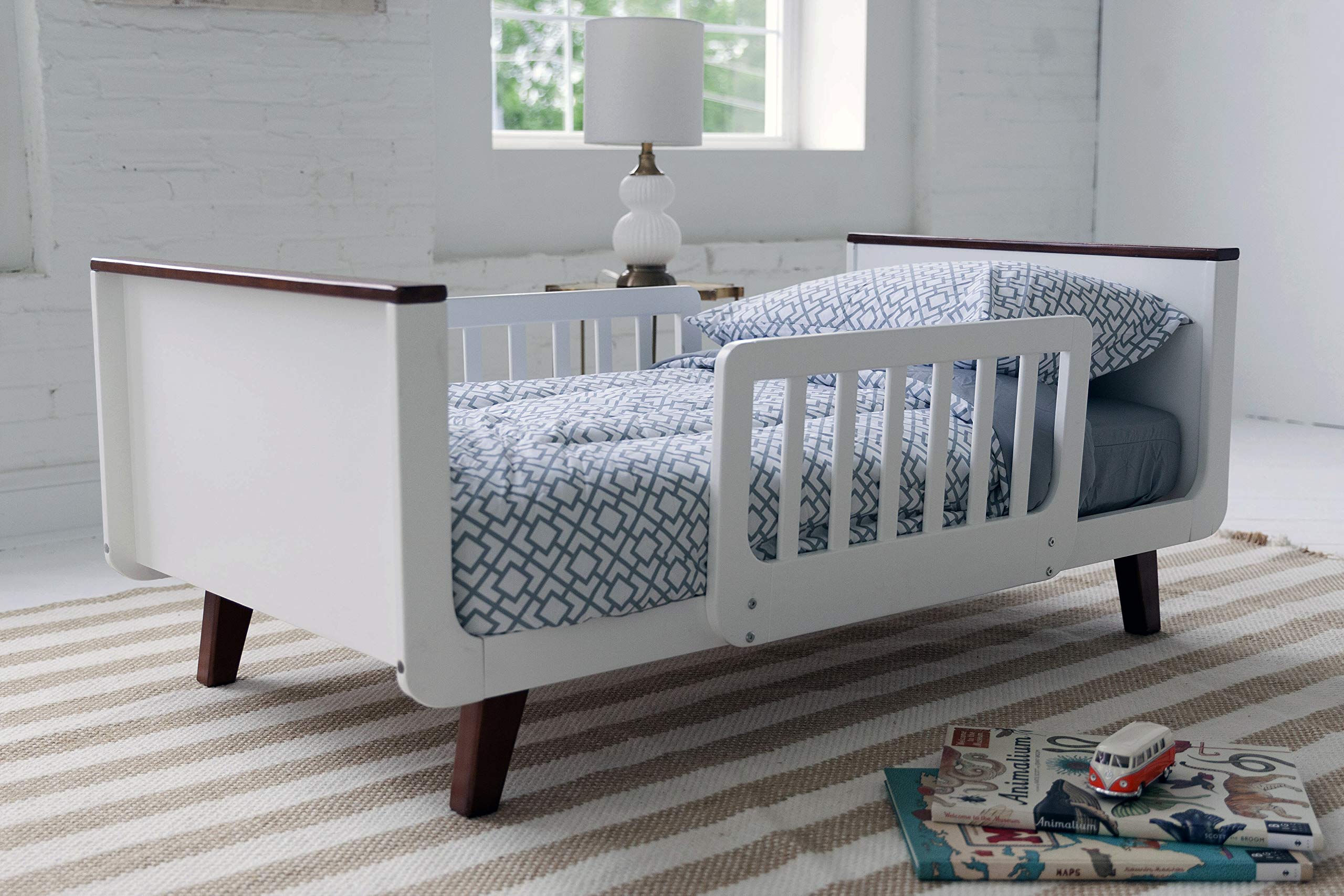 Little Partners MOD Kids Bed - Solid Wood Classic Design Transitional Toddler Bed with Rails for Children's Bedroom with Two Safety Guards, Low-to-Ground Profile (White/Espresso)