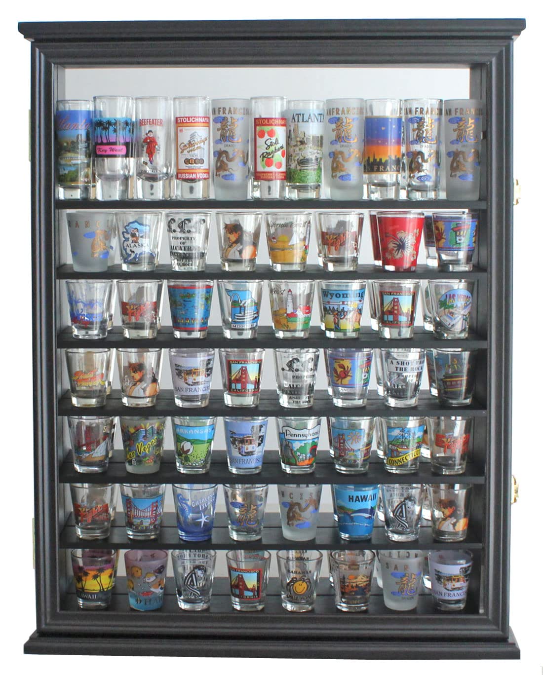 64 Shot Glass Display Case Holder Shot Glass Cabinet, Small Curio Display, Hinged Acrylic Door, Black