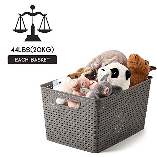 EZOWare 3 Pack X-Large Gray Woven Plastic Storage Baskets, Organizer Knit Basket Bin Boxes with Handle - 16.5x11.4x8.7 inch