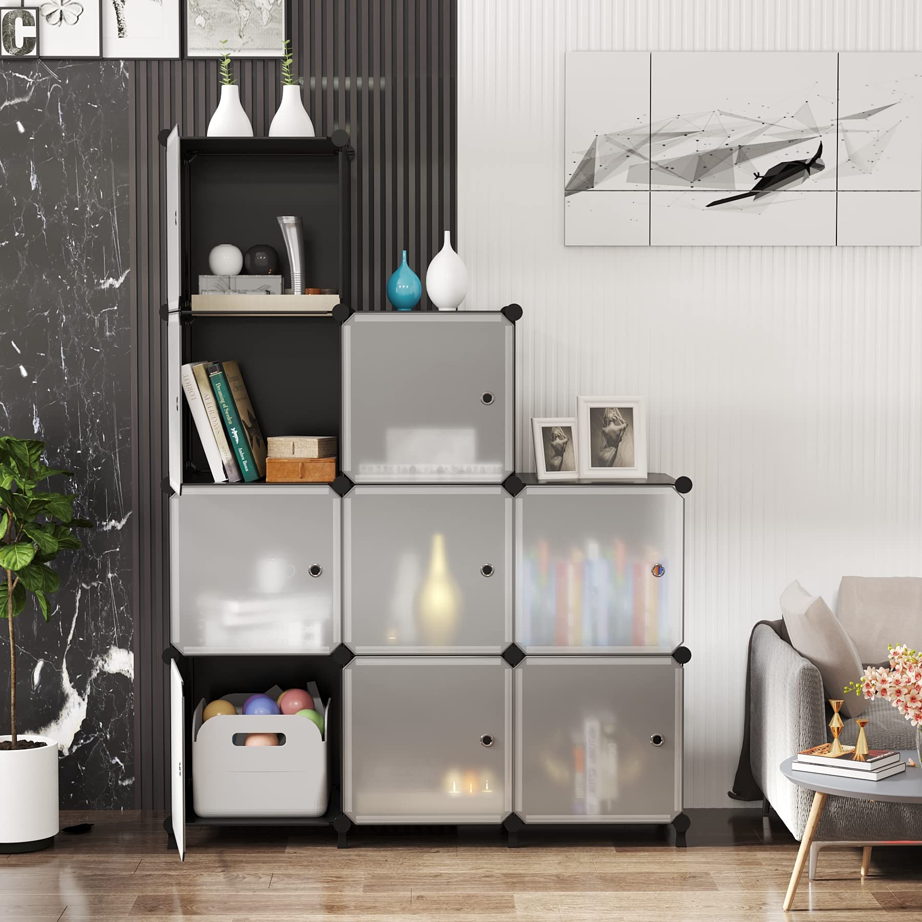 AWTATOS Storage Cube Organizer with Doors, Stackable Closet Shelf for Bedroom, Clothes Shelving Rack, DIY Square 9 Cubes Bookcase Bookshelf, Plastic Space Saver for Home, Living Room, Office, Black