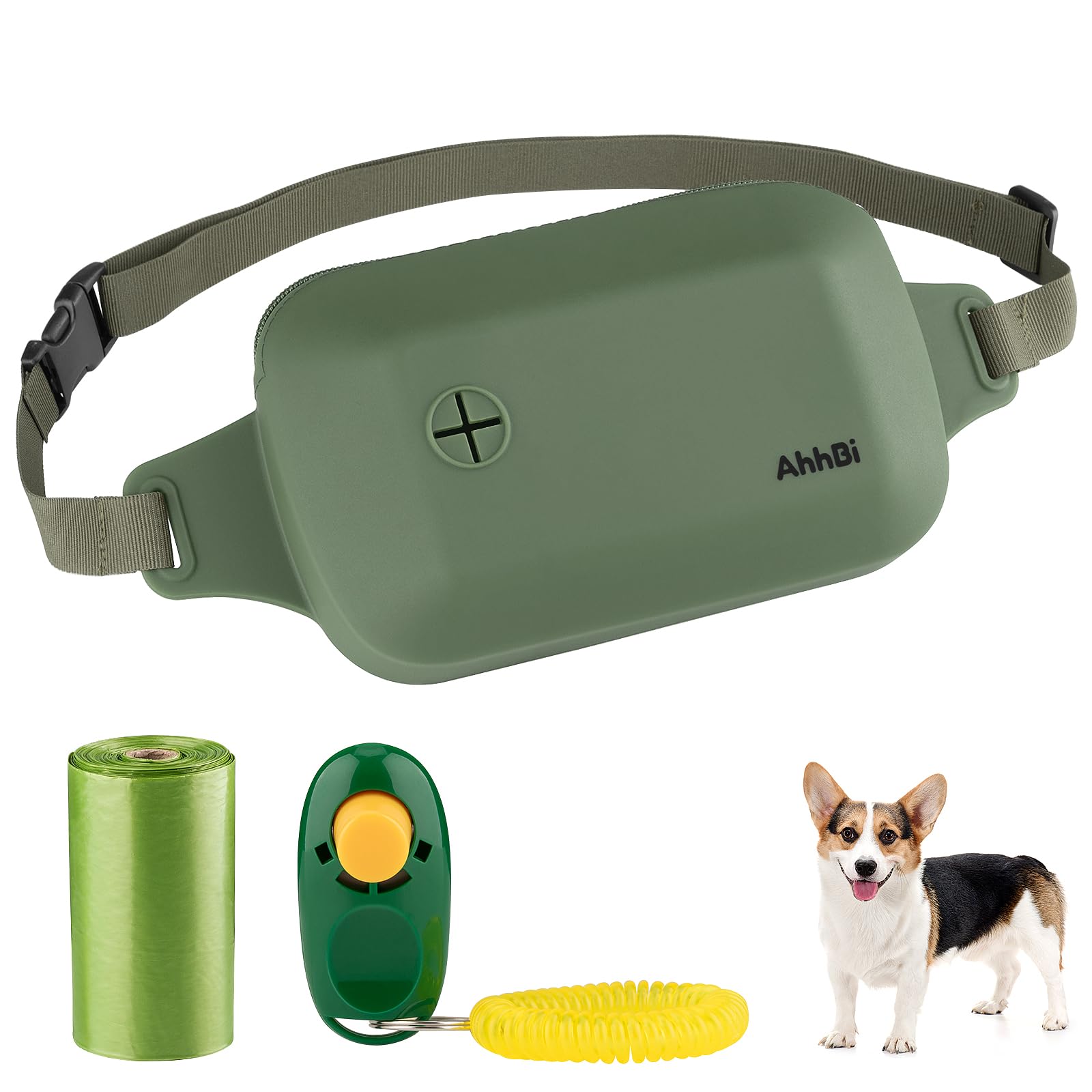 AhhBi Silicone Dog Treat Training Pouch, Clicker for Pet Training, Built-in Poop Bag Dispenser, 3 Ways to Carry (Army Green)