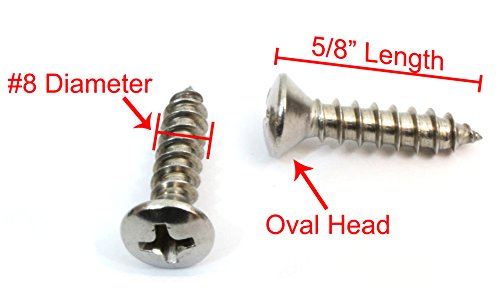 Bolt Dropper No. 8 x 5/8" Stainless Oval Head Phillips Wood Screw, (100 pc), 18-8 (304) Stainless Steel Sheet Metal, Type A Point, Plain Finish
