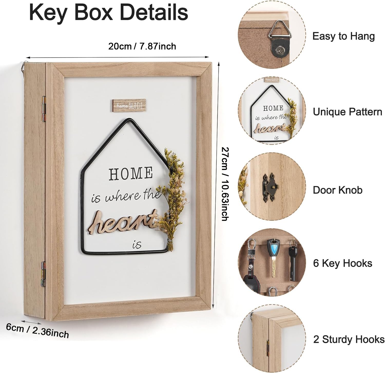 AHUONEL Key Holder Wall Mount, Decorative Key Holder for Wall, Wooden Key Box Hanging Key Cabinet with 6 Key Hooks, Rustic Farmhouse Key Rack Key Hangers for Home Decor Office Entryway Gift