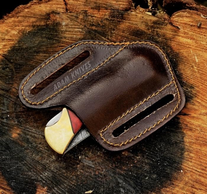 ADAM KNIVES Leather Pocket Knife Sheath For Belt, Slanted Sheath, Tooled Leather Sheath, Beautiful Folding/Trapper Knife Leather Cover 100% Real Leather (Dark Brown)