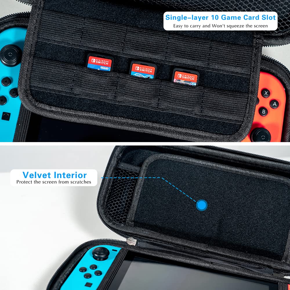 4 in 1 Carrying Case and Accessories Compatible with Nintendo Switch Console - GH Switch Hard Carry Case Black x1, Screen Protector Tempered Glass x1, JoyCon Controller Cover x2, Joystick Covers x2