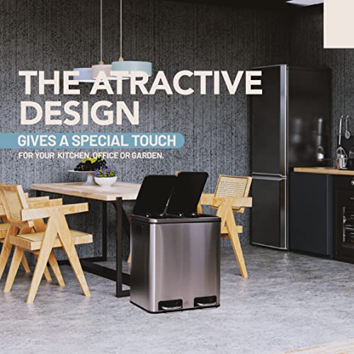 AWENN - Dual Kitchen Garbage Trash Can with Lid and Pedal - Touchless Round Shape Waste Bin - Stainless Steel Dustbin for Kitchen, Bathroom, Office and Outdoors β Black (7.9 Gallon β 30 Liters)