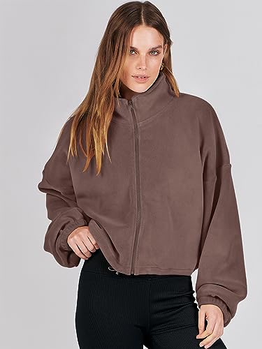 ANRABESS Jacket for Women Full Zip Oversized Fleece Crop Sherpa Coat Long Sleeve Drop Shoulder Stand Collar Drawstring Hem Soft Cozy Thick Trendy Winter Tops Outfits 1097qianzong-L