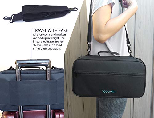 TOOLI-ART Marker & Pen Carrying Case -120 Slots, Canvas, Extra Pockets, Trolley Sleeve, Removable Shoulder Strap, For Most Markers (up to 15mm Diameter), Lipstick, Etc. Black