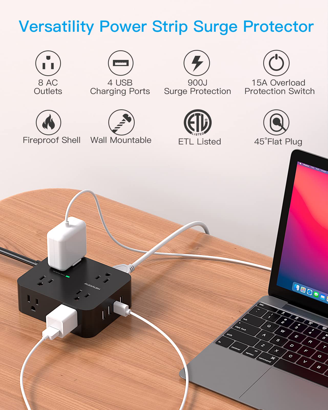 8 Outlets Power Strip with 4 USB Charging Ports, 3 Side Outlet Extender with 5Ft Braided Extension Cord, Flat Plug, Wall Mount, Desk USB Charging Station for Home Office
