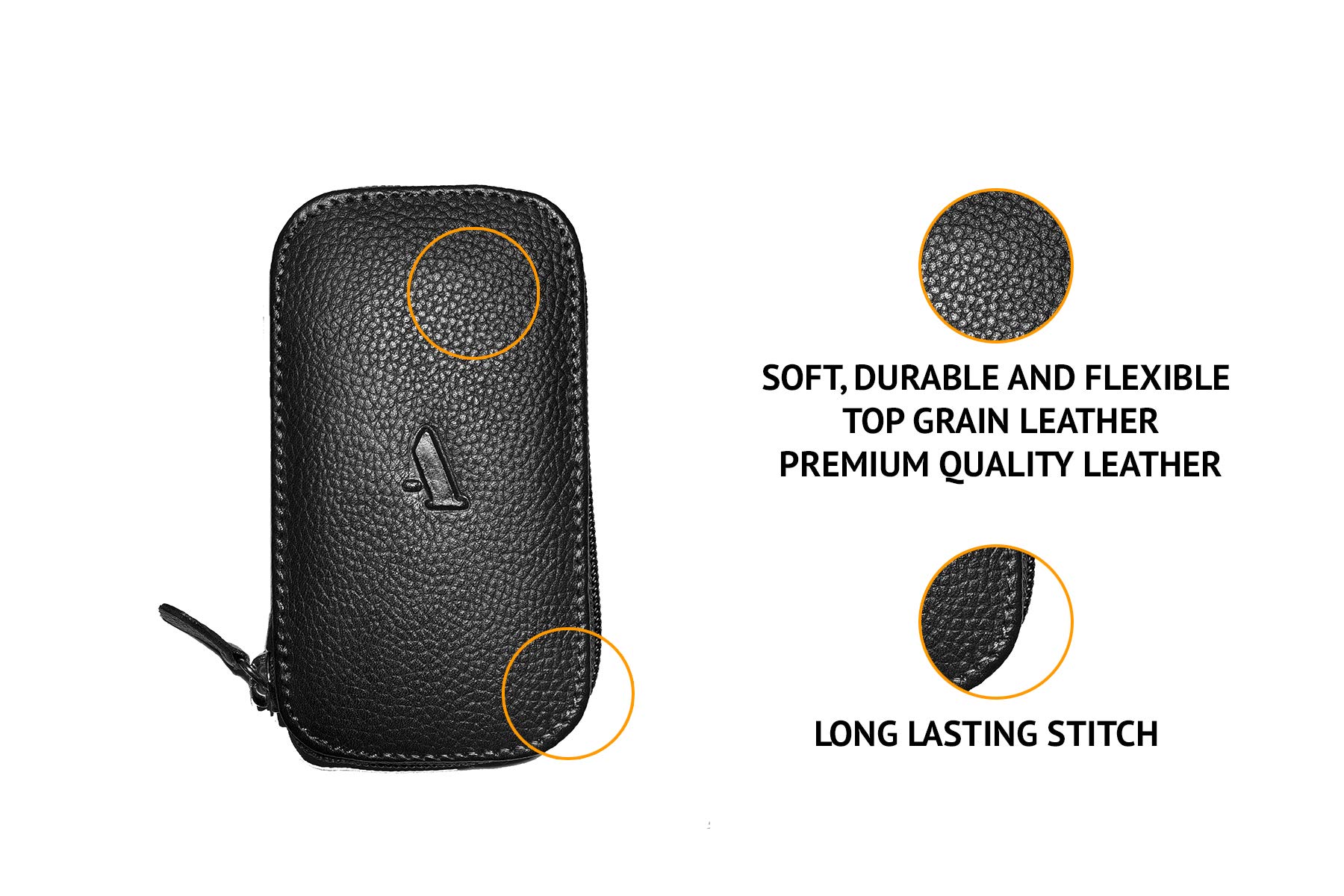 Adamis Full Grain Genuine Leather Keychain Holder Pouch, Key Case, Soft Strong and Compact Organizer and Wallet with Zip Closure for Extra Safety and 6 Key Holder Hooks in Black