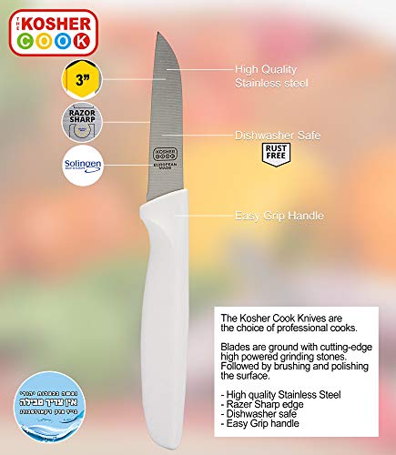 The Kosher Cook Paring Knife, Sharp Kitchen Knife, Ergonomic Handle, Pointed Tip, Color Coded Kitchen Tools (Pack of 3)