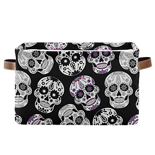 ALAZA Sugar Skulls Flowers Storage Basket for Shelves for Organizing Closet Shelf Nursery Toy, Fabric Collapsible Storage Organizer Bins Decorative Baskets with Handles Cubes