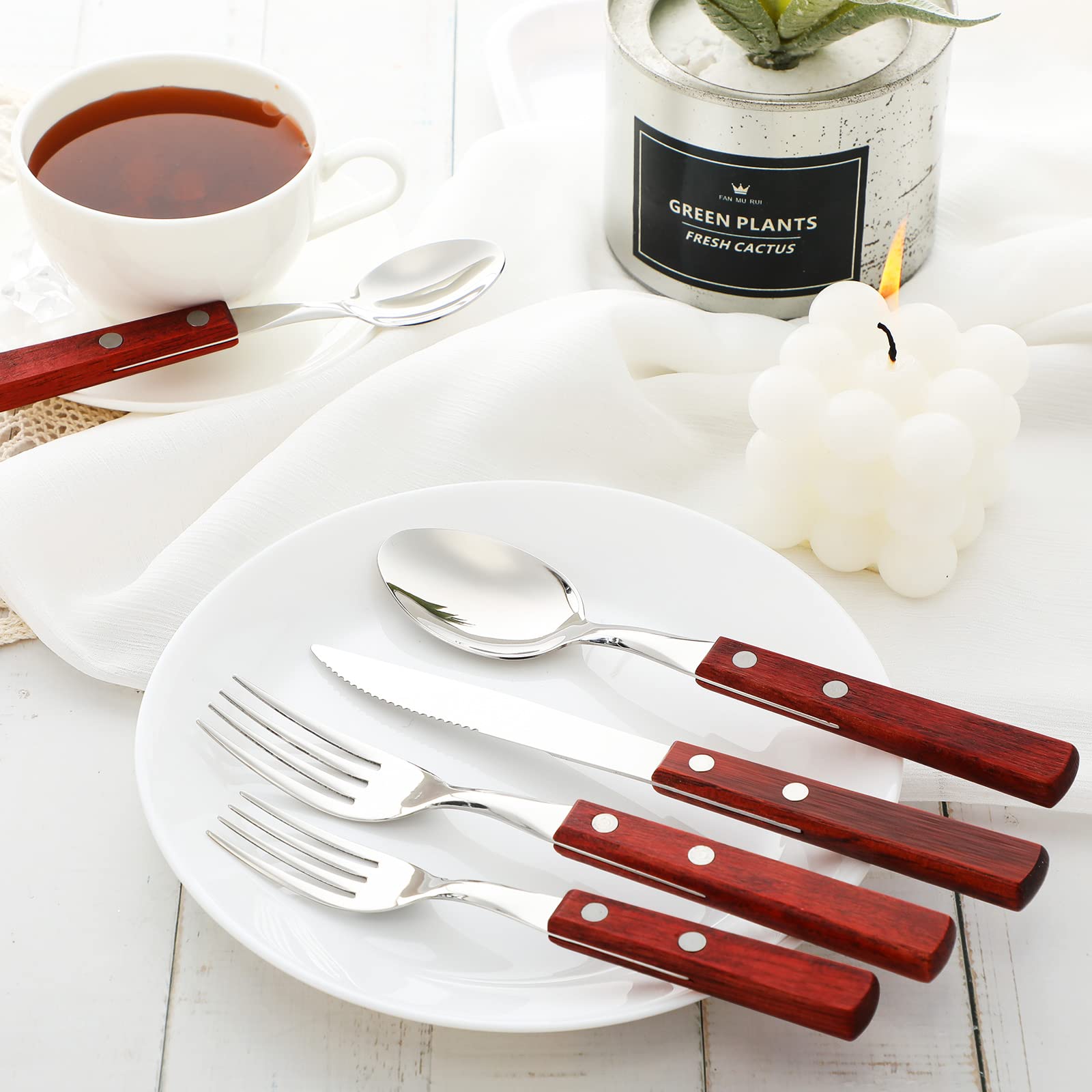 40 Pcs Wooden Handle Silverware Cutlery Set Walnut Handle 18/8 (304) Stainless Steel Cutlery Set Wooden Handle Knife Fork Spoon Reusable Utensils Serves for 8 (Mahogany Color)