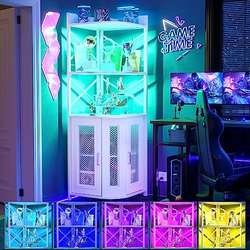 Aheaplus Corner Bar Cabinet with Power Outlet, Industrial Wine Cabinet with LED Strip and Glass Holder, 5-Tiers Liquor Cabinet Bar Unit for Home, Corner Display Cabinet for Small Space, White