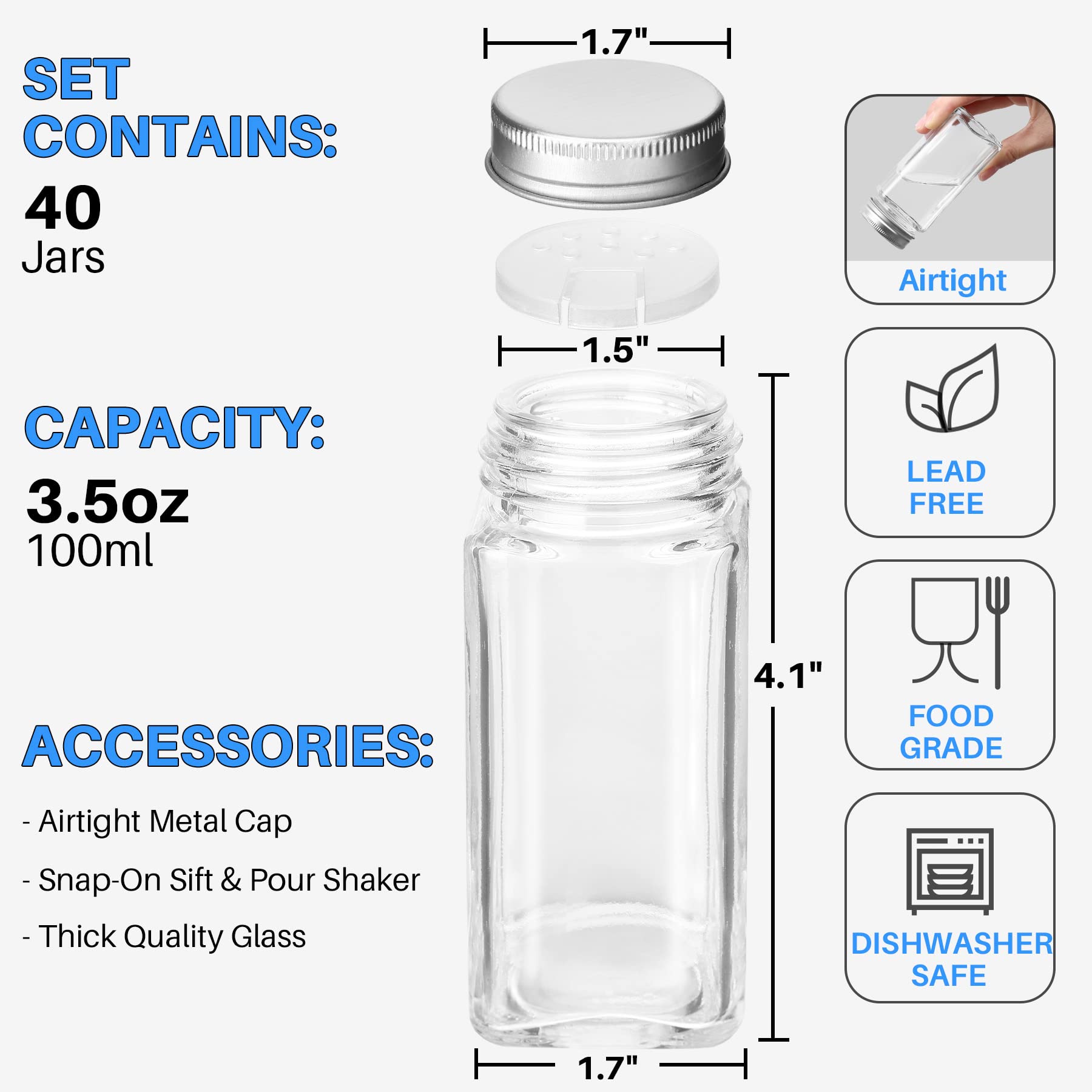 40-Pack 3.5 OZ Glass Spice Jars with 324 Labels, Shaker Lids and Airtight Metal Caps, Empty Reusable Square Seasoning Bottles, Spice Storage Containers, Marker and Stainless Steel Funnel