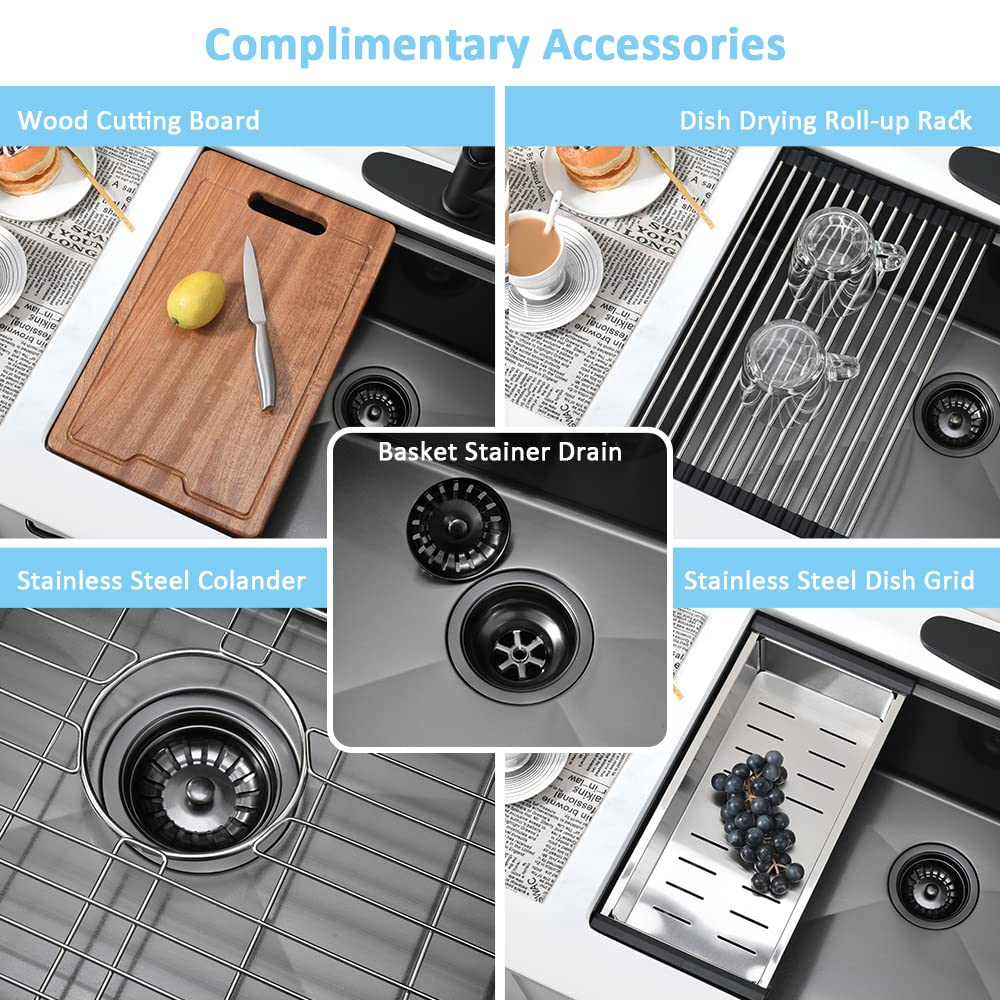 33 Inch Black Undermount Kitchen Sink Workstation-Bokaiya 33x19 Kitchen Sink Undermount 16 Gauge Deep Stainless Steel Single Bowl Undermount Workstation Sink with Cutting Board