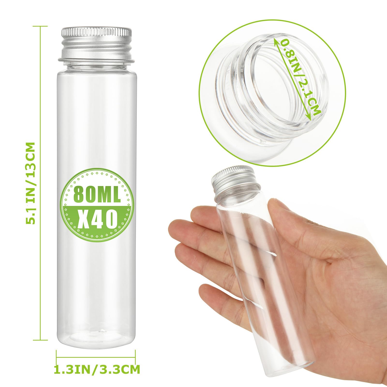 40 Pack Clear Plastic Test Tubes, 80 ML Flat Test Tubes with Screw Caps, Plastic Test Tube Container for Bath Salts, Candy Storage, Scientific Party, Plant Propagation