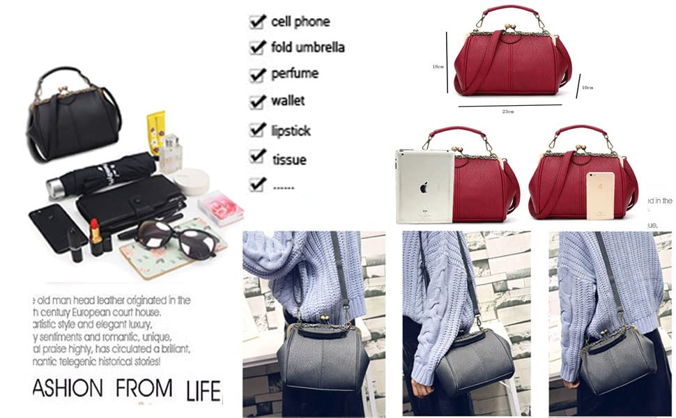 Arnosoar Vintage Kiss lock Handbag Women Purses Solid PU Leather Top-Handle Bag Indigo-blue