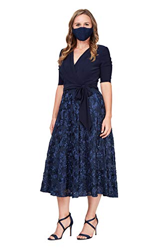 Alex Evenings Women's Tea Length Jersey and Rosette Lace Dress (Petite and Regular), Navy Tie Front, 6