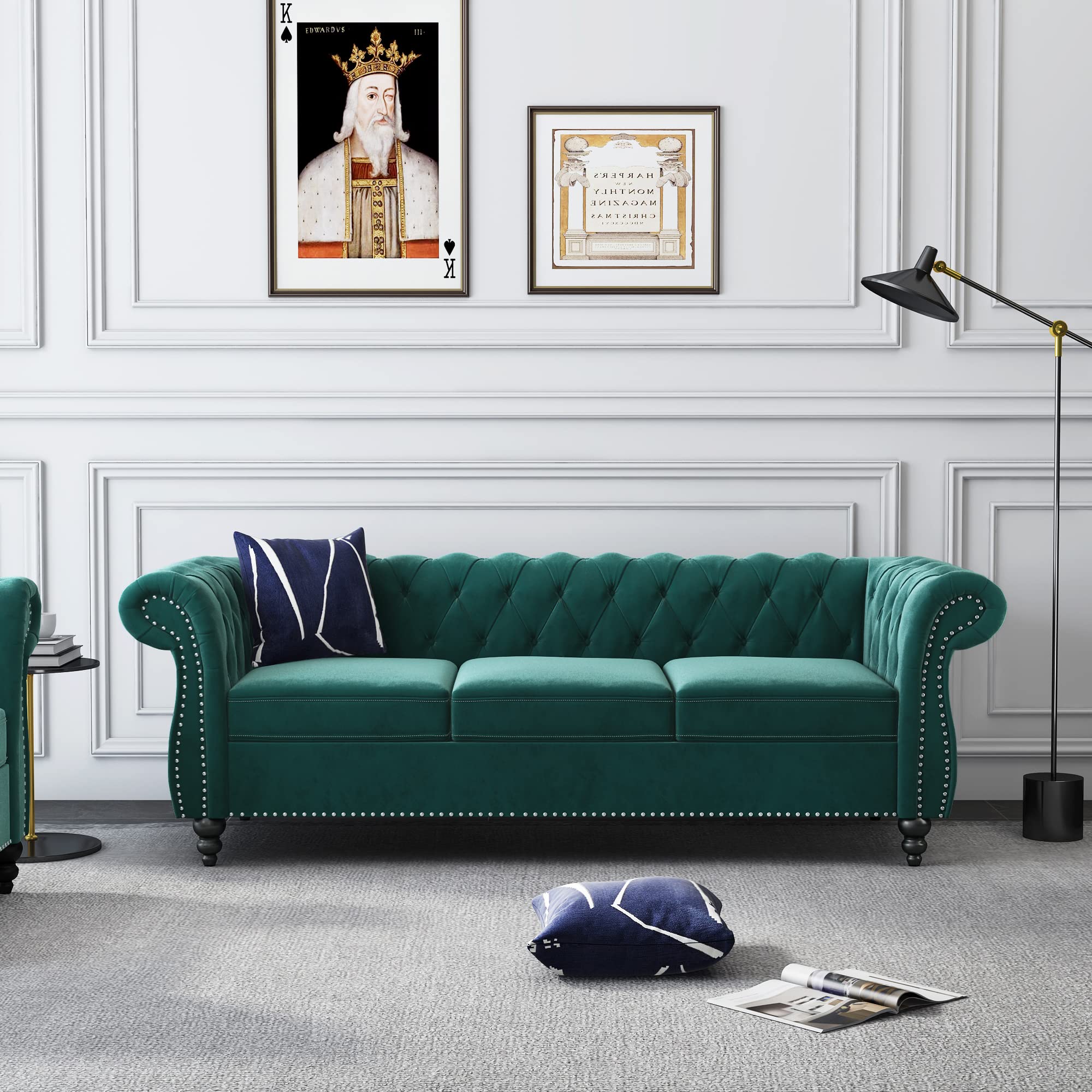 3 Piece Living Room Set, Velvet Chesterfield Sofa Loveseat Couch Chair with Scroll Arms and Nailhead for Living Room, Office (Green)