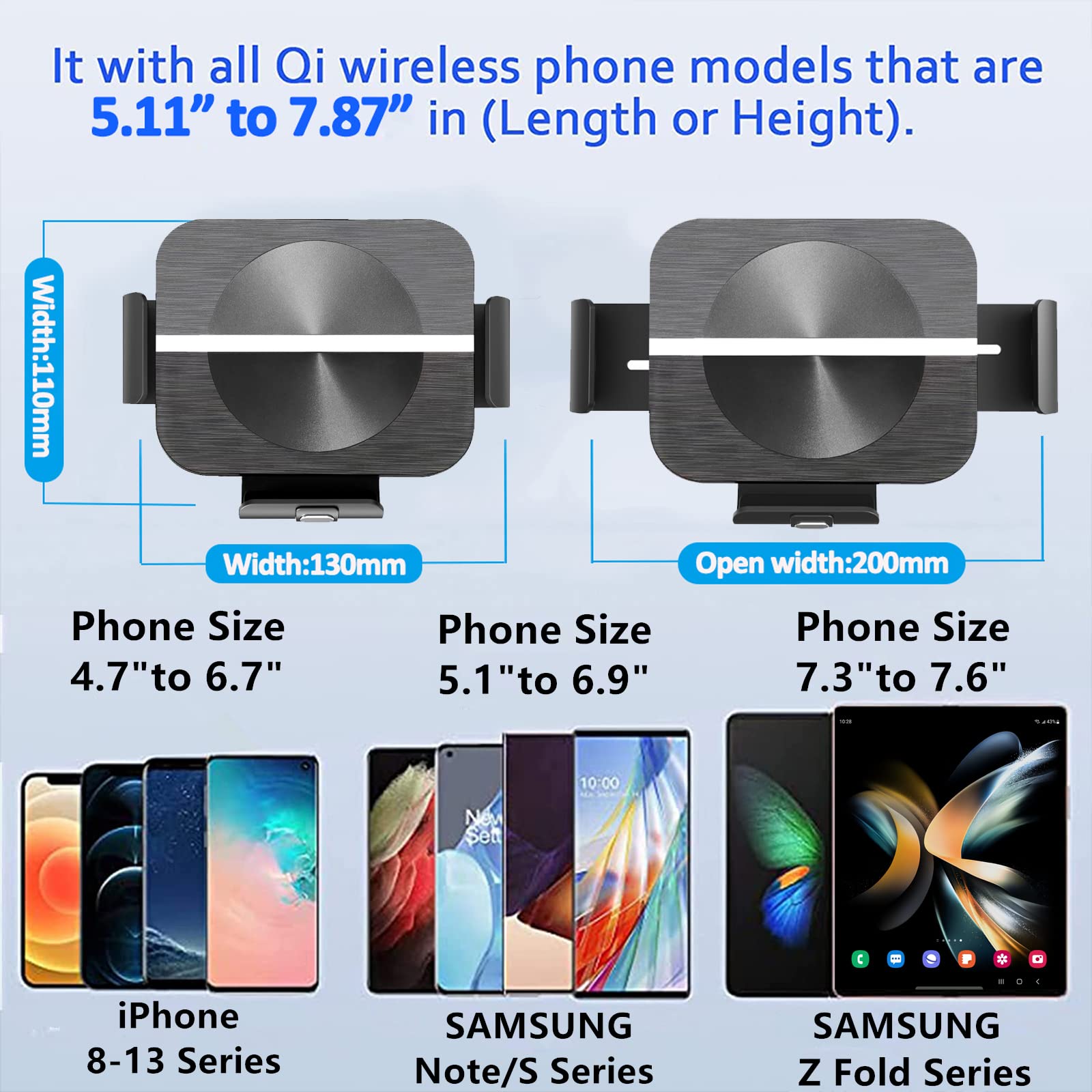 3CASS Fast Wireless Car Charger Compatible with Samsung Galaxy Z Fold4 Fold3 Fold2 S22 Ultra Note20 iPhone 14 Pro Max, Dual Coil for Horizontal & Vertical Placement, Auto Clamp Fast Car Charger