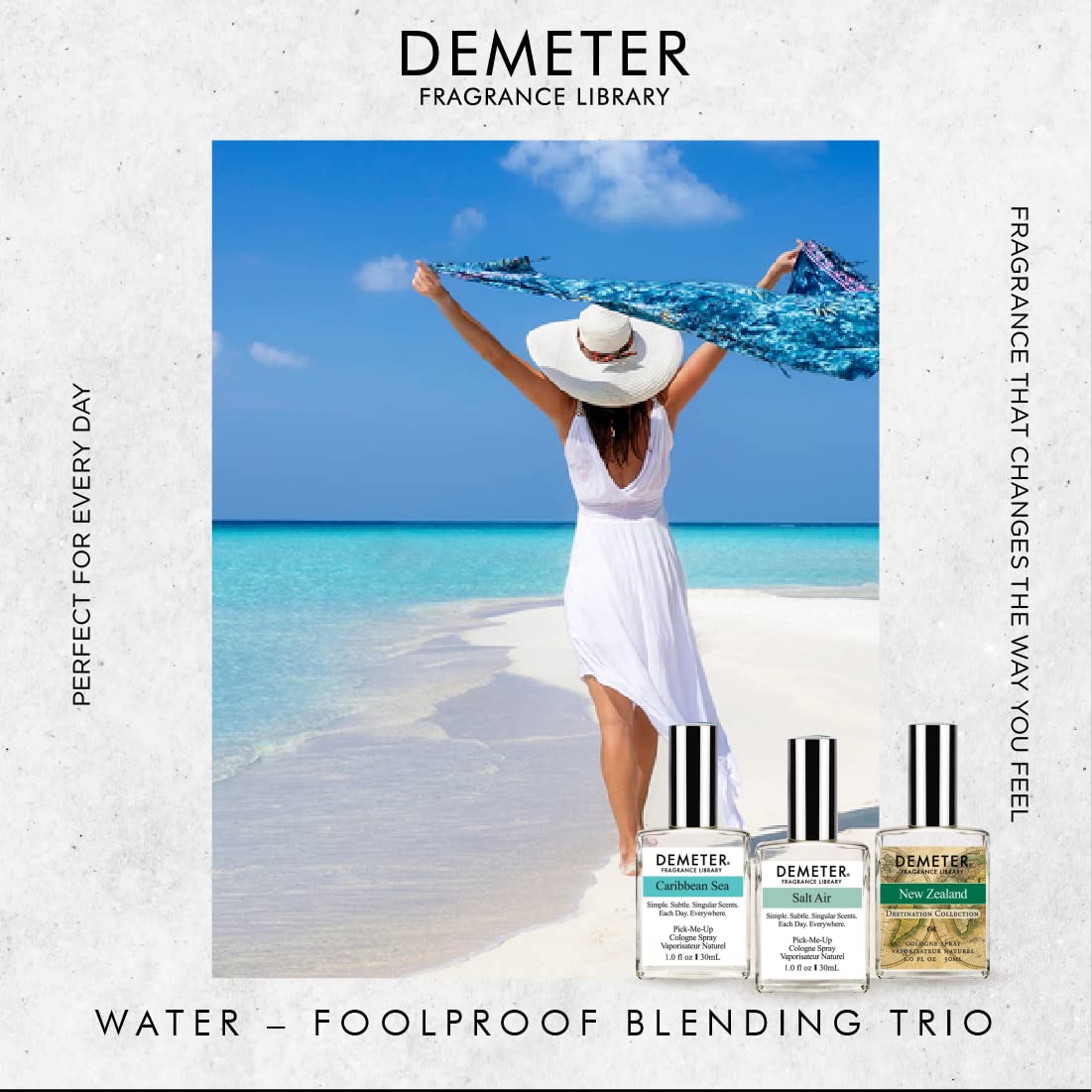 DEMETER Water Foolproof Blending Set of 3 Perfumes - Caribbean Sea, Salt Air, New Zealand - 3 Unique 1 Oz Cologne Sprays