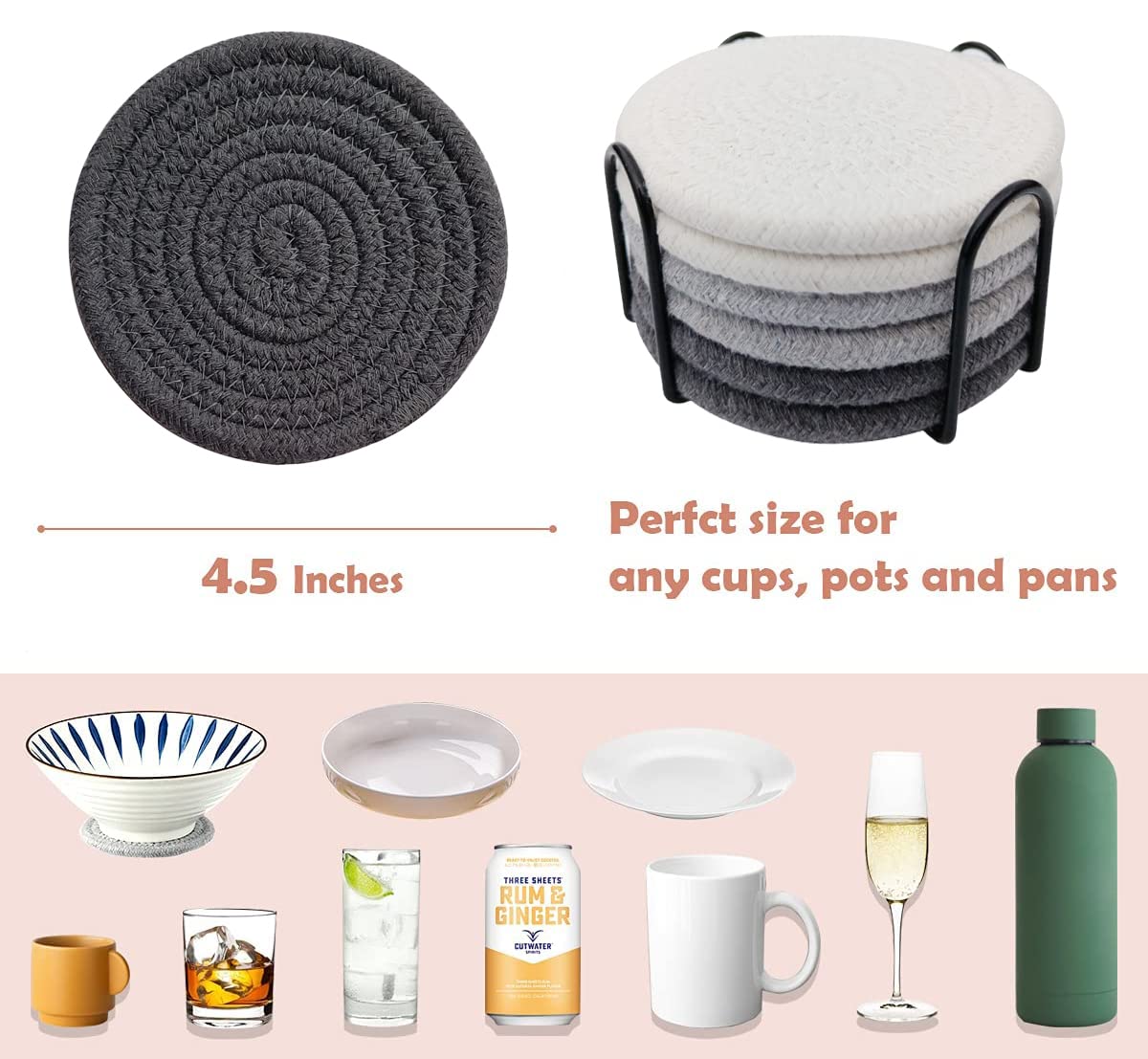 6 PCS Coaster for Wooden Table 4.5" Coasters for Drinkers Absorbent with Holder Woven Coasters Trivets for Hot Pots and Pans Pot Holders for Kitchen Heat Resistant Farmhouse Kitchen Decor