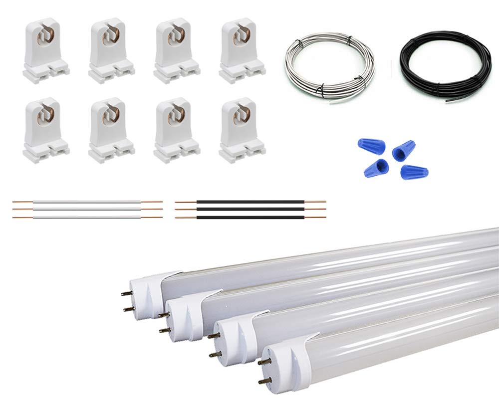 4 Light Fluorescent to LED Retrofit Conversion Upgrade Kit - (8) Non Shunted Lamp Holders, (4) 4 Ft 24W 5000K LED T8 Tubes, (2) Connectors, (4) Wire Nuts, Solid Copper Wires
