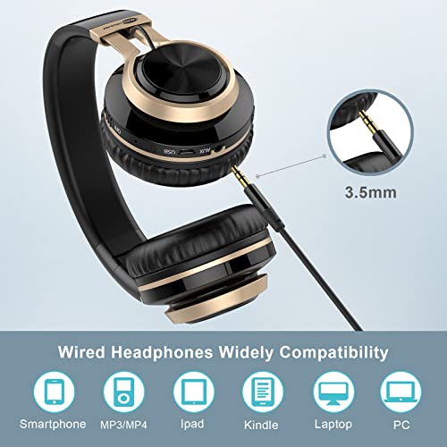 BASEMAN Wireless Bluetooth Headphones Over Ear, Long Battery Life Stereo Deep Bass Headset with Mic Wireless and Wired Headphones for iPhone Computer TF Card Slot Teens Boys Men Adults - Black Gold