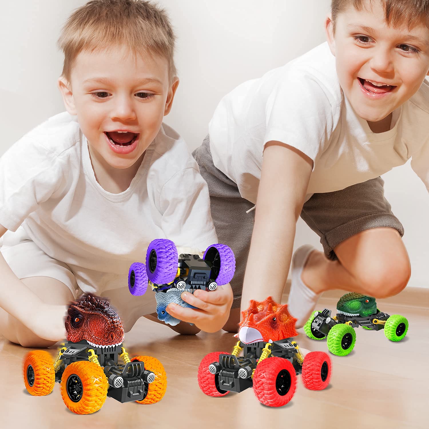 FFTROC Wooden Stacking Dinosaur Toys and Large Size Dinosaur Toys for Boys Cars