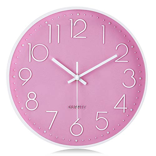 Lafocuse 12 Inch 3D Numbers Pink Wall Clock for Living Room Decor, Modern Kitchen Wall Clock Battery Operated Silent Non-Ticking Bedroom Home Office