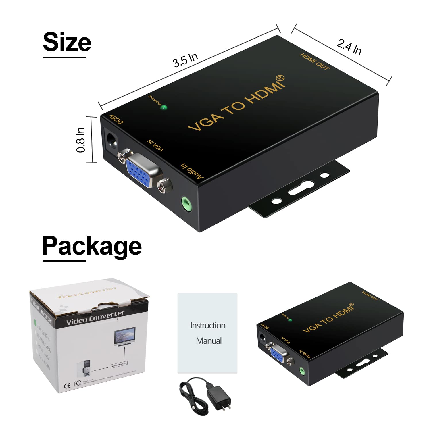 CKL VGA to HDMI Adapter Converter 1080P with 3.5mm Audio Sound and DC 5V Power Supply for PC Laptop Display Computer Mac Projector HDTV