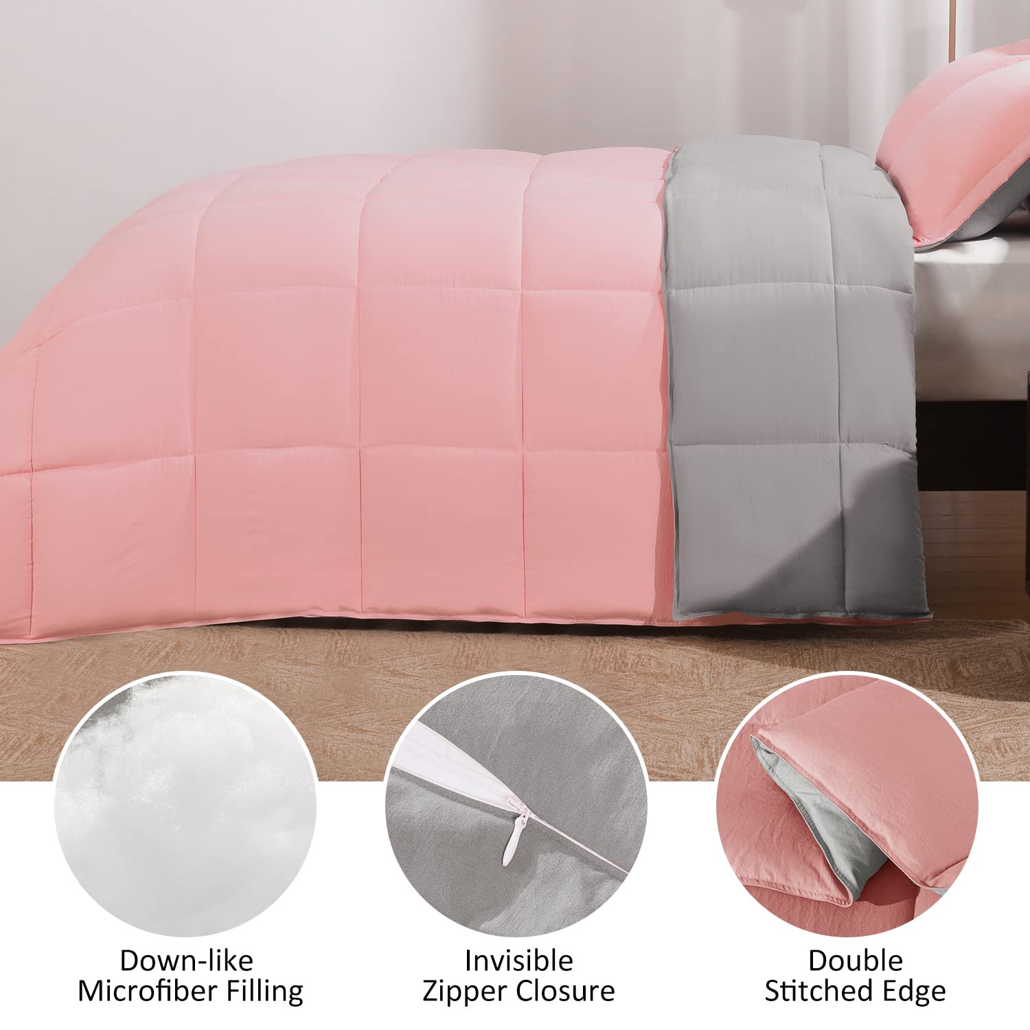 Basic Beyond Twin Comforter Set for Girls and Boys - Fluffy Twin Bed Comforter Set for All Seasons - Reversible Pink and Grey Twin Comforter Set - 2 Pieces (1 Comforter + 1 Pillow Sham)