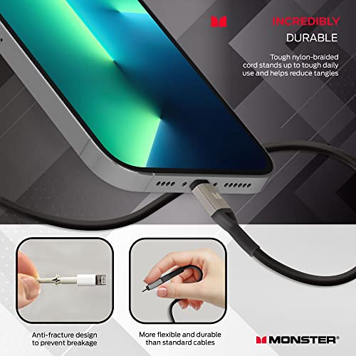 Monster Nylon-Braided 6 or 10 Ft iPhone Charging Cable, Lightning to USB-A (Works w/iPhone SE/11/11 Pro/11 Pro Max/XS/XS Max/XR/X/8/8 Plus/7/7 Plus/6/6 Plus, iPad, iPad Pro, AirPods) (6 Ft, Black)