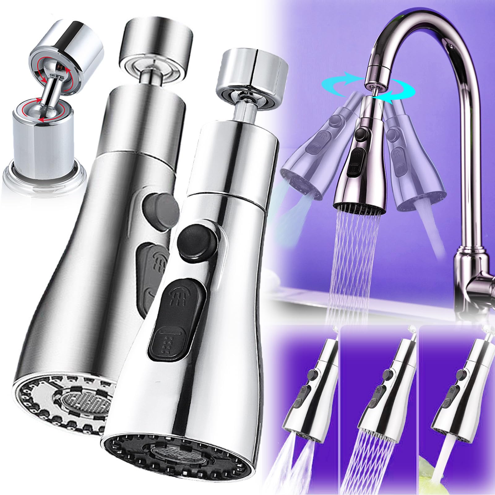 2023 New Gpmsign Universal Pressure Tap Nozzle,Universal Pressure Tap Nozzle Kitchen Sink Water Spray Faucet, 360° Rotating Bathroom Kitchen Sprayer Faucet Extender For Sink Tap Head (Silver+Grey)