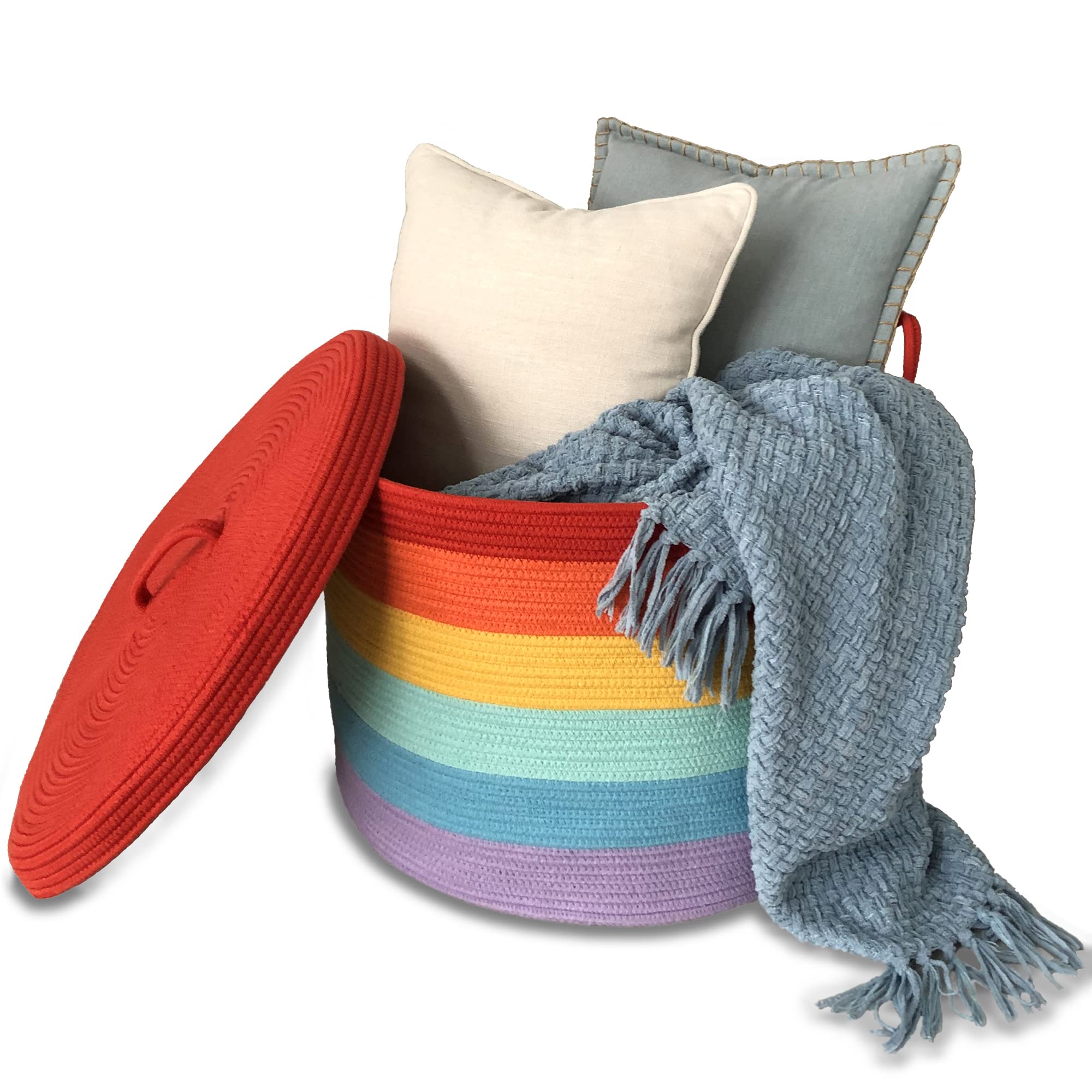 À Mes Petits 22"x16" Rainbow Rope Basket with Lid, Extra Large Rope Basket, Rainbow Basket, Cotton Rope Basket with Lid, Rainbow Decor, Rainbow Classroom Décor, Rainbow Storage