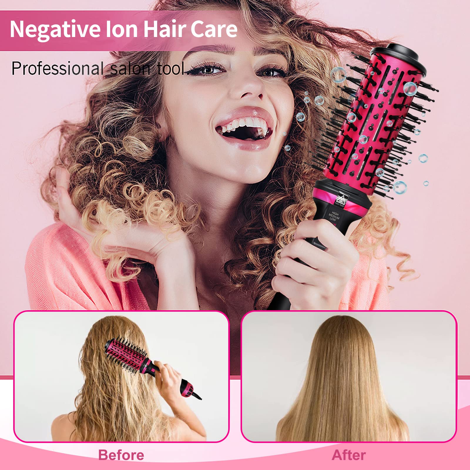 Ikedon Hair Dryer Brush, Pink, ALCI Safety Plug, Quick Drying, Volumizing, Ionic Care