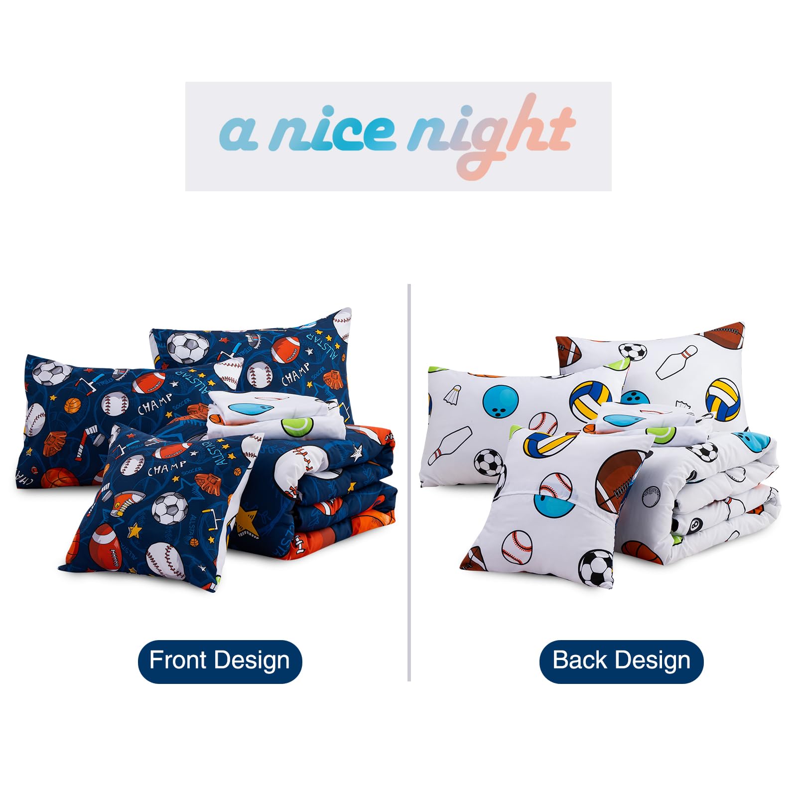 A Nice Night 6Pcs Bed in A Bag Full Sports Microfiber Modern Comforter Set,Navy Rugby Ball Printed Bedding Collections,for Boys Kids Teen