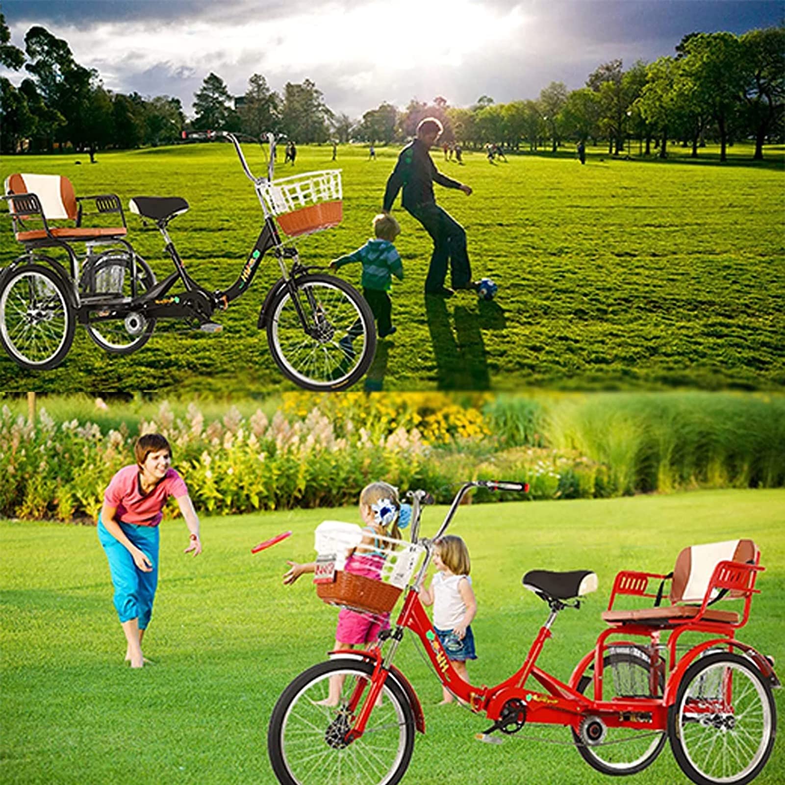 20 Inch Adult Tricycle, Cruiser Bikes Low Step-Through High Carbon Steel Frame, Three Wheel Bikes with Cargo Basket and Trunk for Seniors, Women, Men, (Color : Black)
