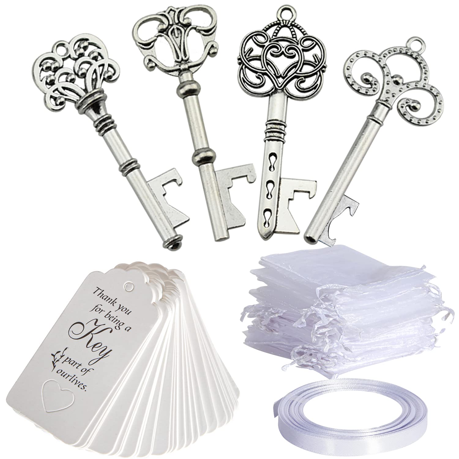 40Pcs Vintage Key Bottle Openers with Escort Card Tag Organza Bags and Ribbon for Wedding Party Favors Rustic Decoration, Silver