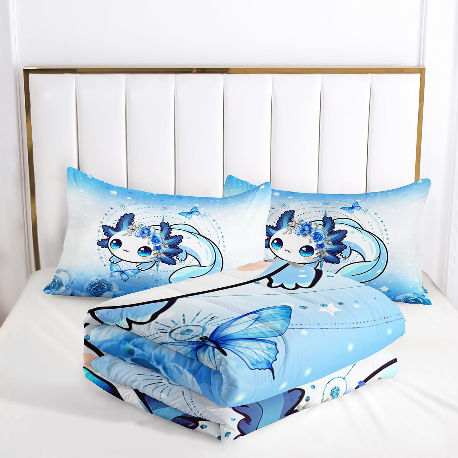 AILONEN Cartoon Axolotl Kids Comforter Set Queen Size, Blue Axolotl Printed Kawaii Bedding Set Girls Bed in a Bag 3 Pieces,Wildlife Animals Axolotl Salamander Comforter with 2 Pillowcases