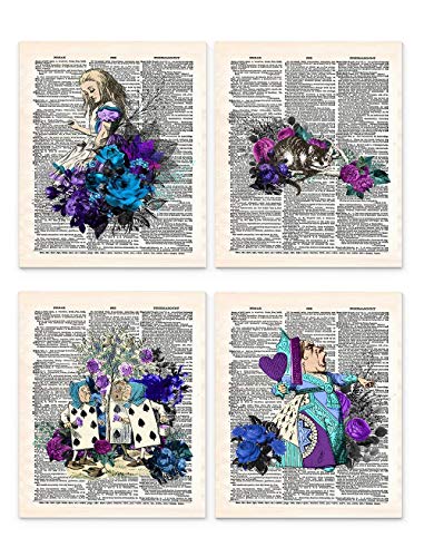 Alice in Wonderland Wall Art, 8x10 Set of 4 UnFramed Decor Prints in Blue Tones. Upcycled Vintage Style Dictionary Page. Ideal for Book Lover, English Teacher, Librarian and Lewis Carroll Fan