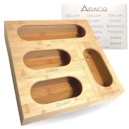 ARAGO Ziplock Bag Organizer for Drawer - Bamboo Ziplock Bag Organizer for Kitchen Drawer - Plastic Sandwich Bag Organizer for Drawer - Food Bag Storage Organizer for Kitchen Drawer