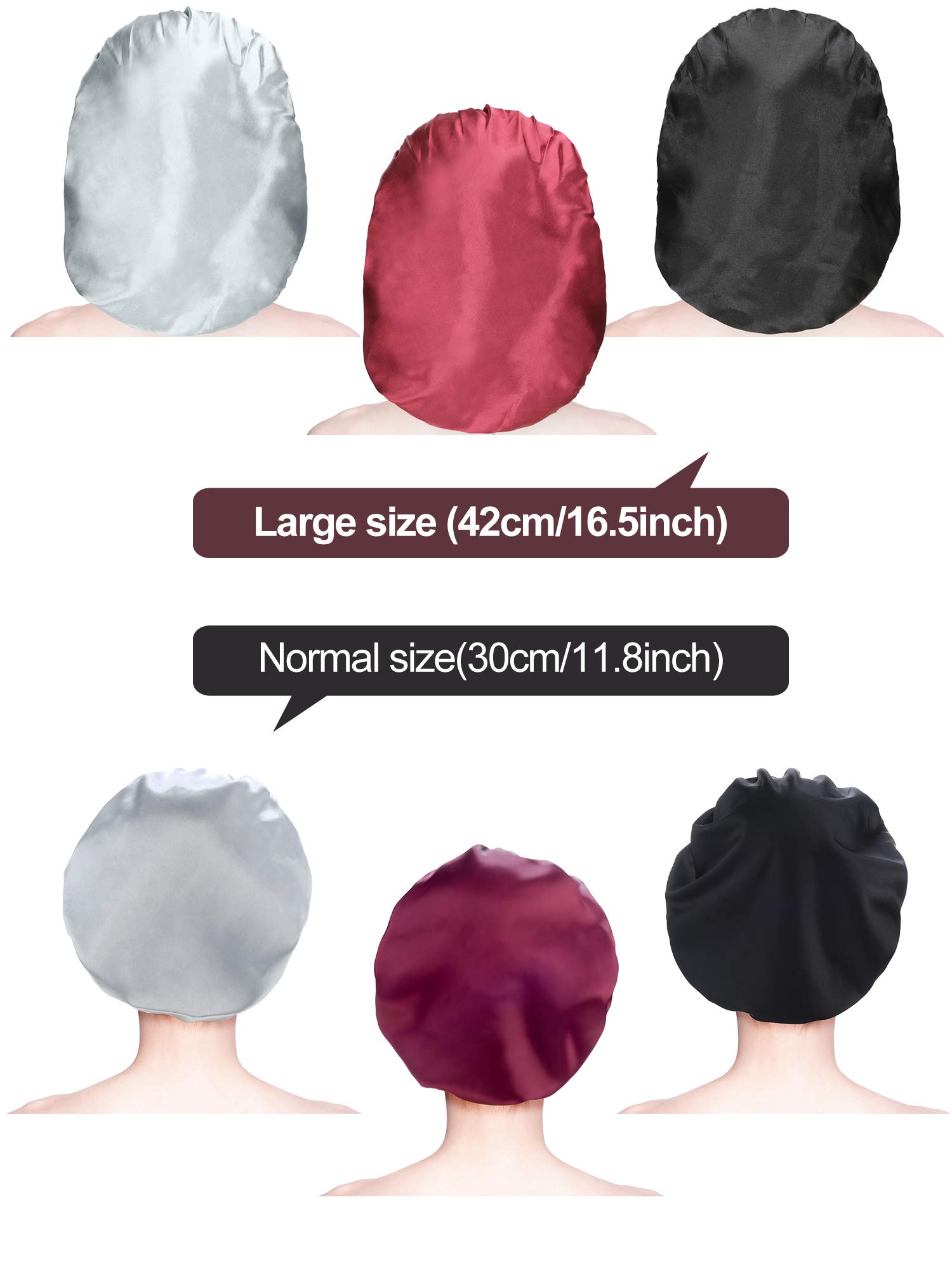 3 Pieces Satin Sleep Cap Elastic Wide Band Hat Night Sleeping Head Cover for Good Sleeping (Silver, Black, Wine Red, Medium)