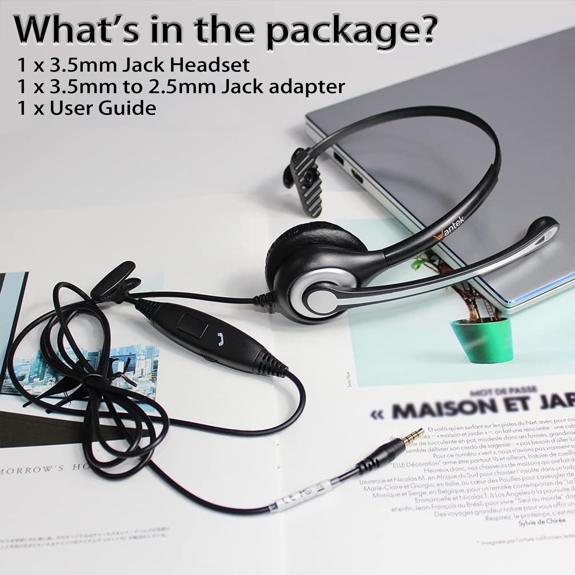 Wantek Cell Phone Headset Mono with Noise Canceling Mic, Wired Computer Headphone for iPhone Samsung Huawei HTC LG ZTE BlackBerry Smartphones and Laptop PC Mac Tablet with 3.5mm Jack(F600J35)
