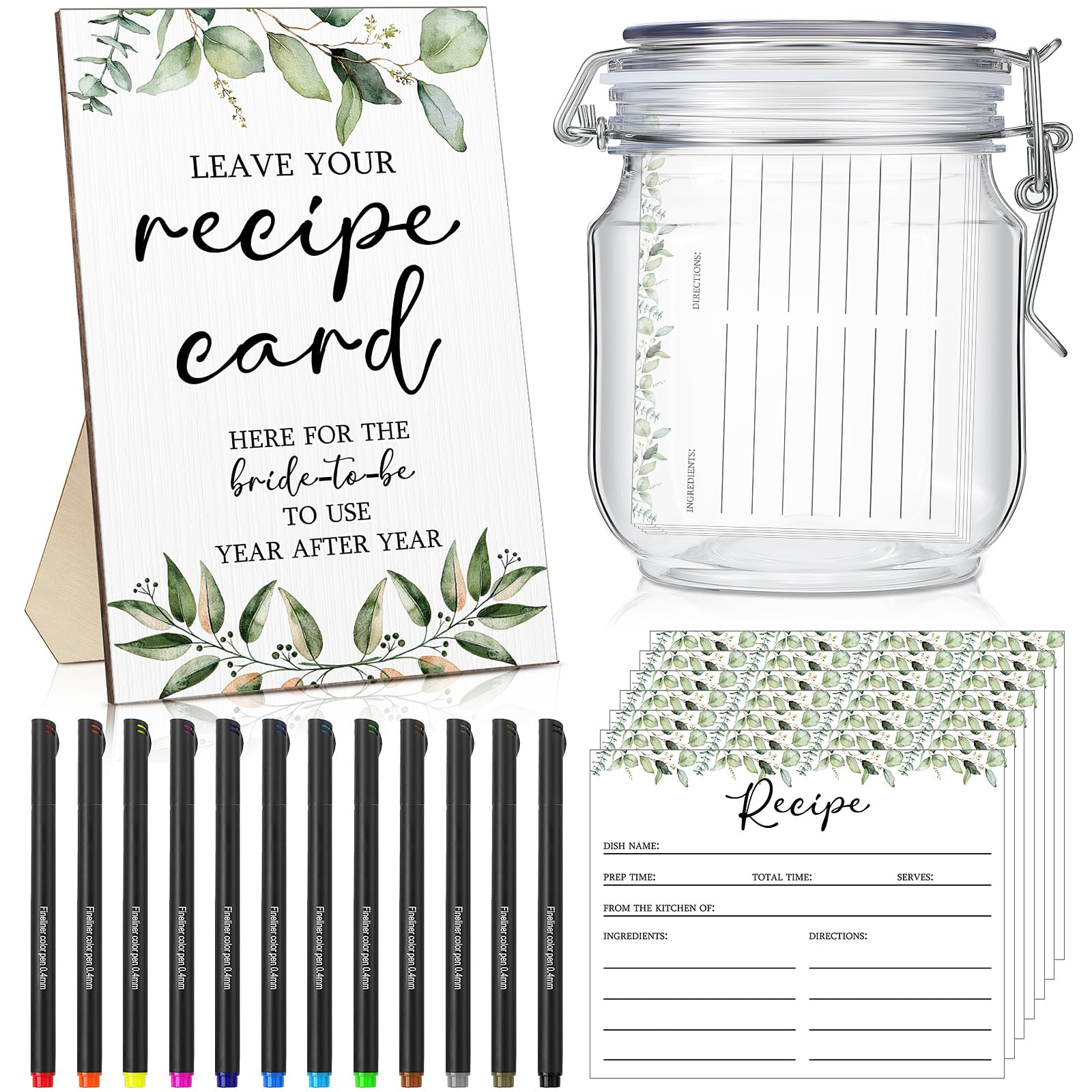 Geyoga 114 Pcs Recipe Cards Bridal Shower Favor for Guest 1 Leave Your Recipe Card Display Sign 1 PET Jar 100 Recipe Card Double Sided 12 Fine liner Ink Pen for Wedding Bridal Shower (Greenery)