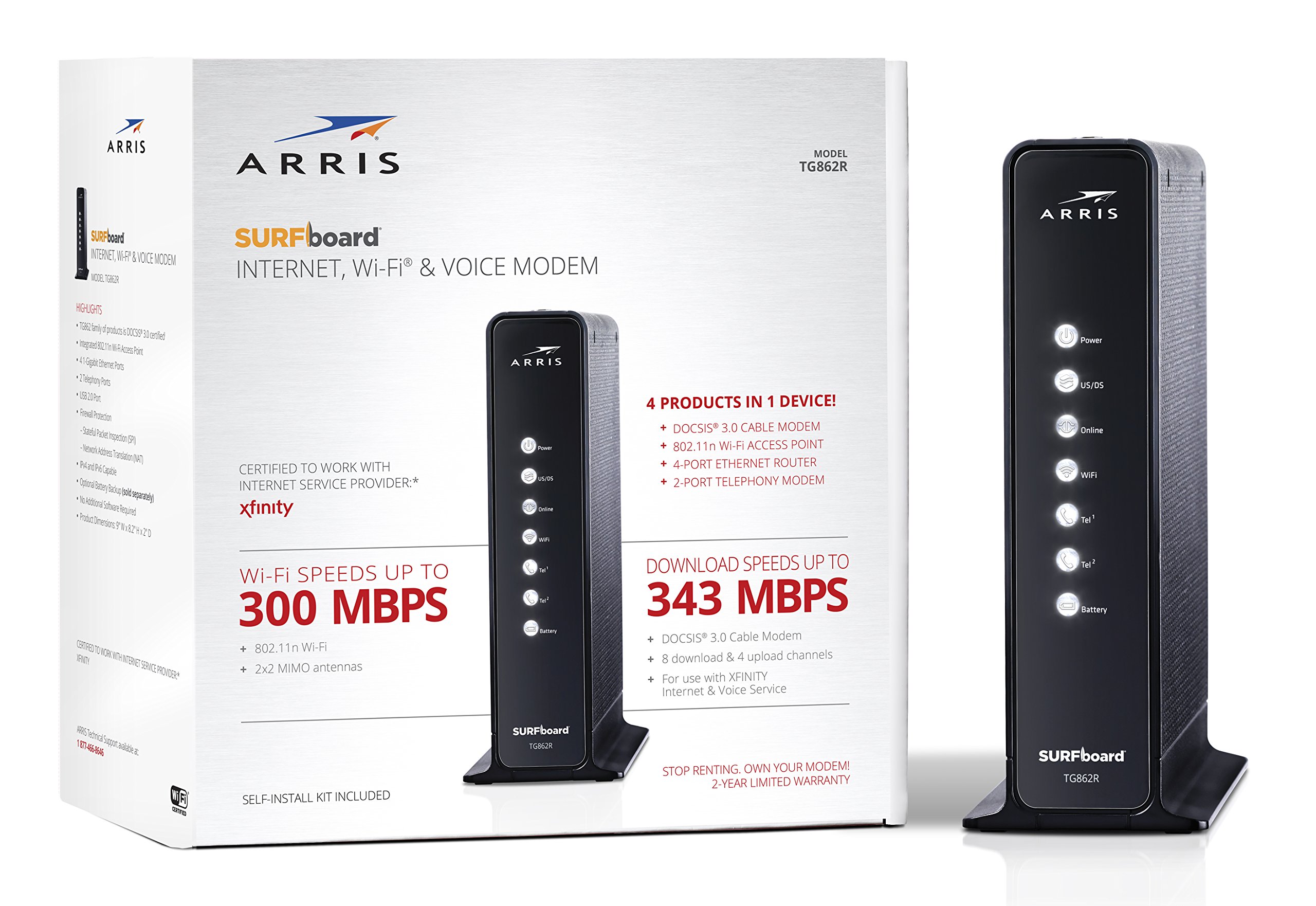 ARRIS SURFboard TG862R Cable Modem, N300 Wi-Fi Router and Voice Service for Xfinity, Retail Packaging Black