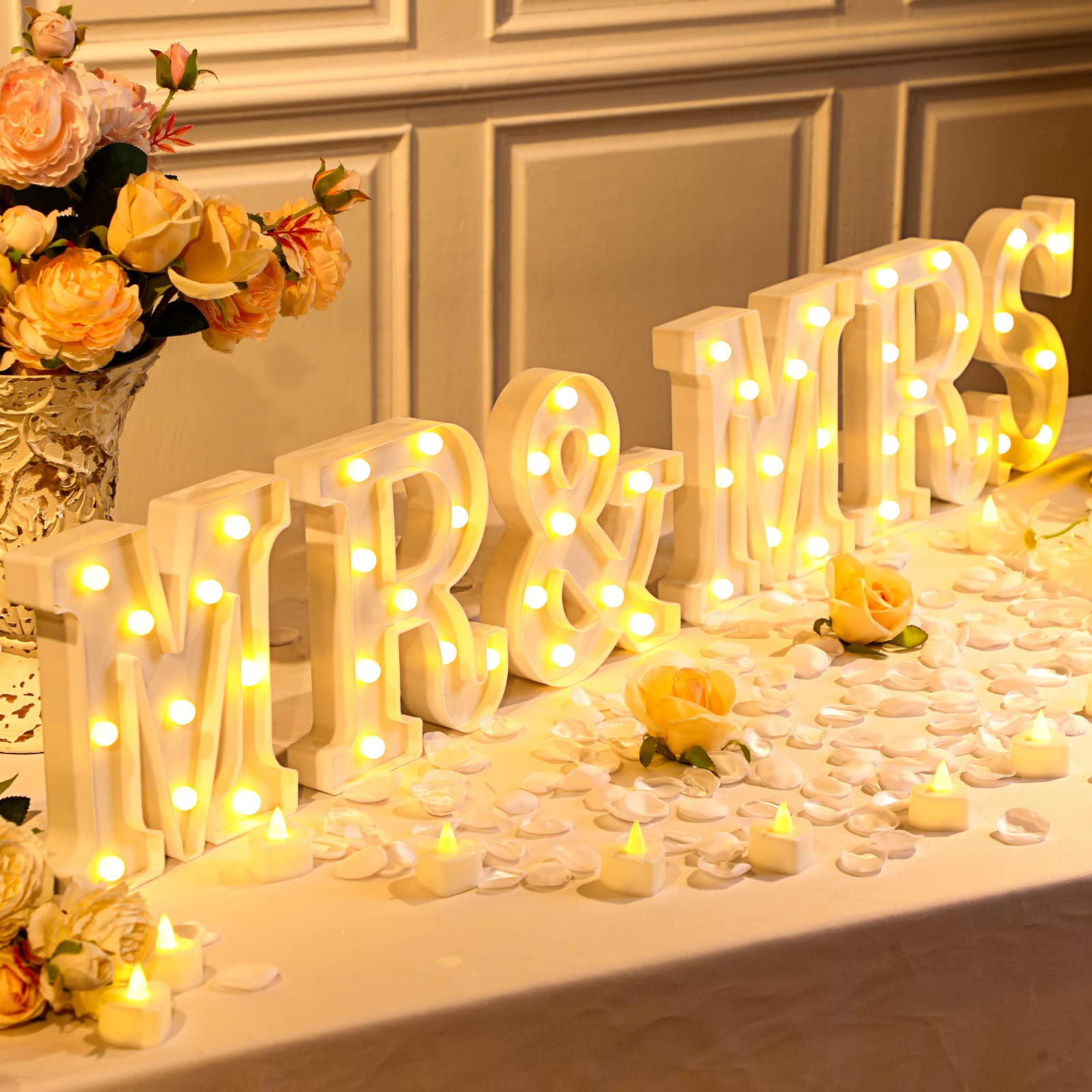 6 Pcs Mr and Mrs LED Sign 12 Pcs Flameless LED Candles 300 Pcs Artificial Rose Petals Neon Mr and Mrs Sign for Wedding Table Heart Romantic Candles Light up Letters for Romantic Night Decor (White)